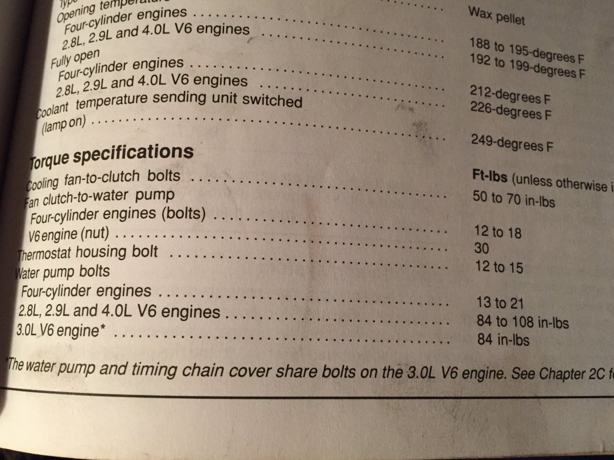 2.3L ('83-'97) - 89 2.3 Water Pump Torque Specs and Thermostat housing ...